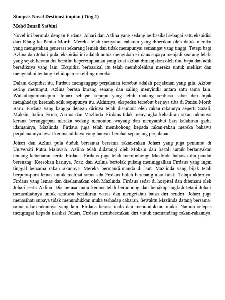 Sinopsis Novel Destinasi Impian Tingkatan 1 | PDF