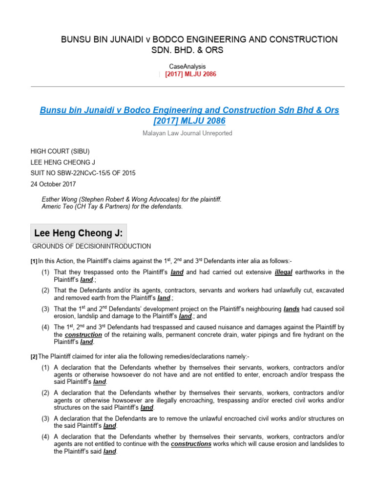 Bunsu bin Junaidi v Bodco Engineering and Construction | PDF | Trespass ...