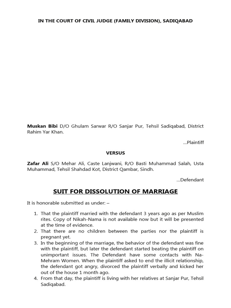 Suit for Marriage Dissolution Sadiqabad | PDF