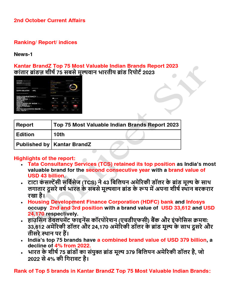 2nd October Current Affairs by Abhijeet Sir | PDF | Business | Finance ...
