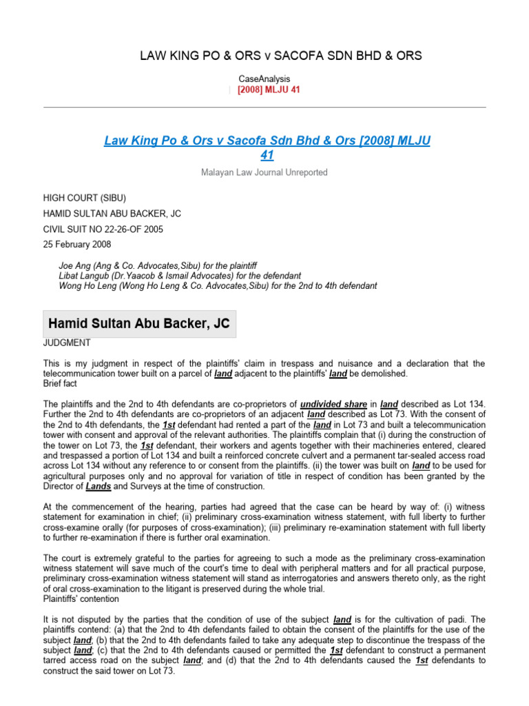 Law King Po & Ors v Sacofa Sdn Bhd & Ors [2008] MLJU 41 | PDF