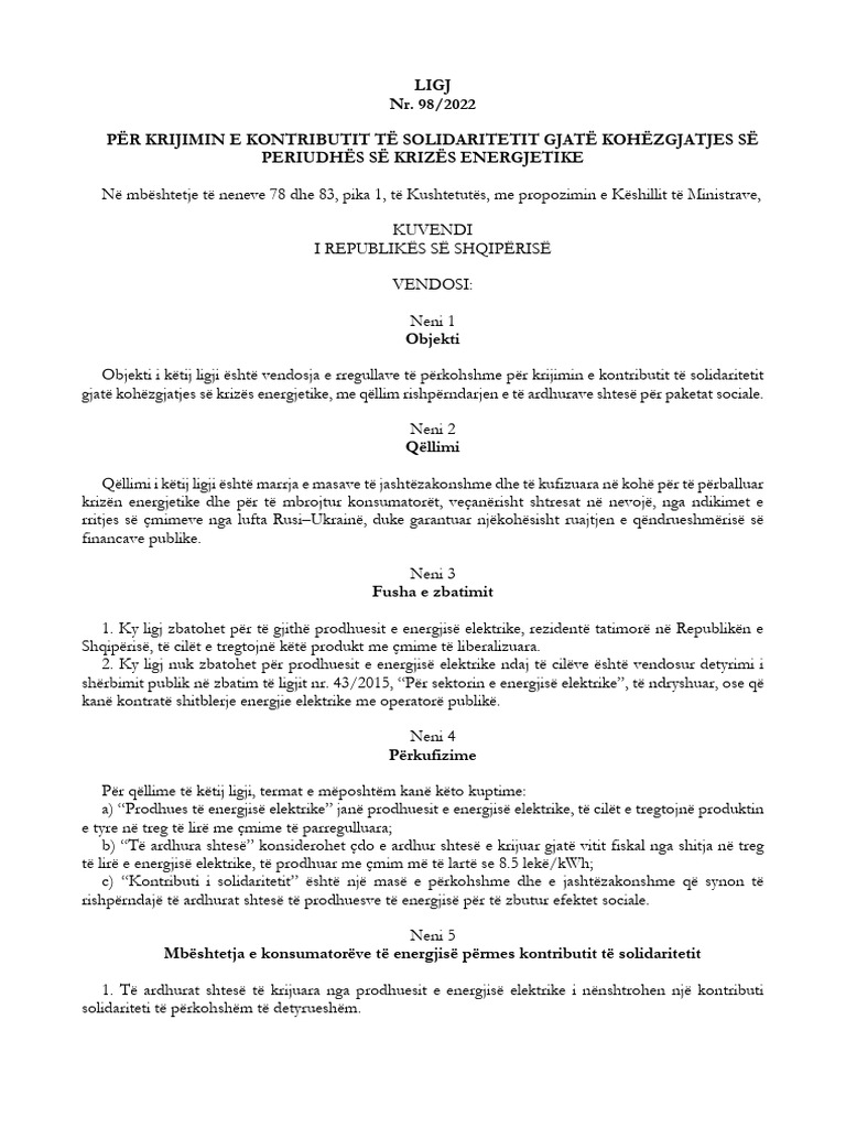 Ligj Nr. 98 2022 Për Krijimin e Kontributit Të Solidaritetit Gjatë ...