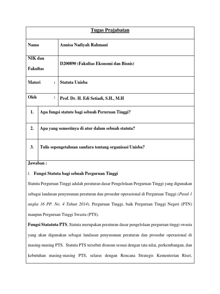 Dosen - Annisa Nadiyah Rahmani - D200890 - Statuta Unisba - Prof - Dr.H ...