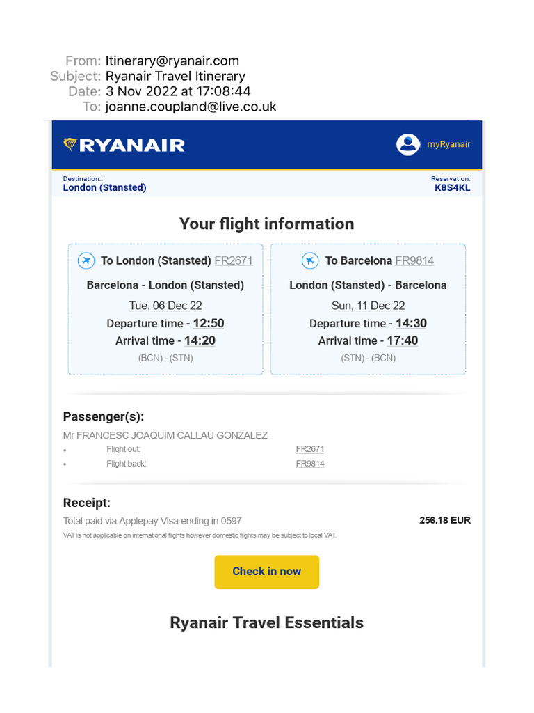 Ryanair Travel Itinerary | PDF | Transport