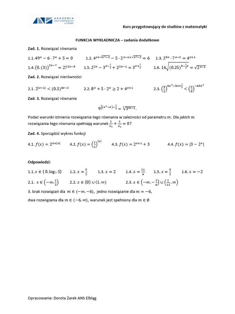 Zadania Dodatkowe 3 Funkcja Wykładnicza | PDF