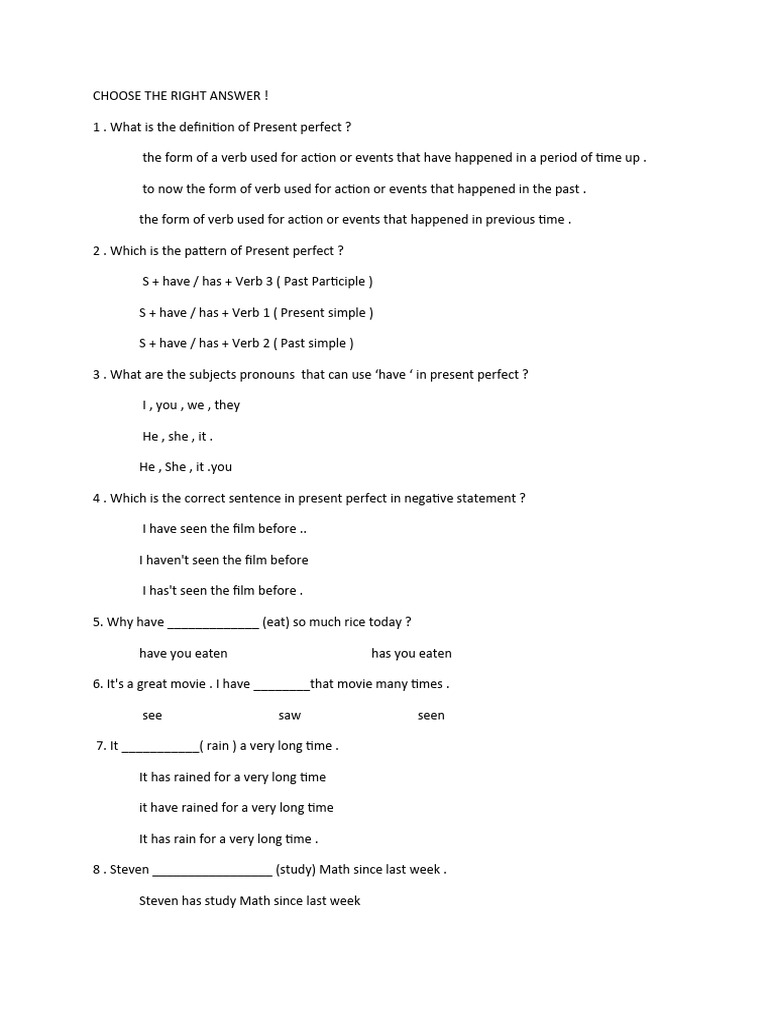 Present Perfect Tense Quiz | PDF | Language Arts & Discipline