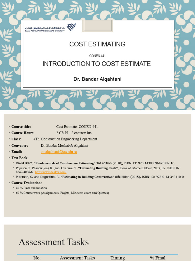 Lecture 1 Cost ESTIMATE -2023 | PDF