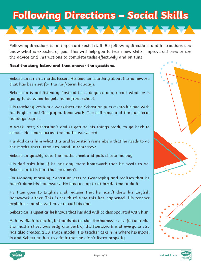 Following Directions - Social Skills | PDF