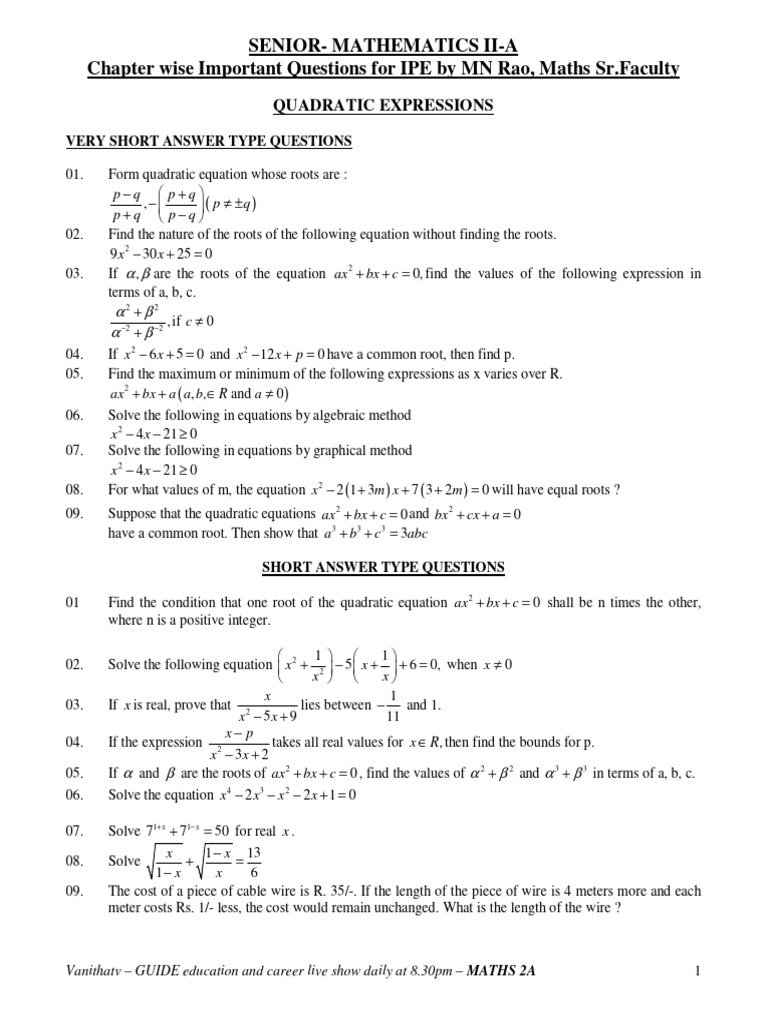 MATHS - IIA QUESTION BANK - Chapter Wise Important Questions For IPE | PDF