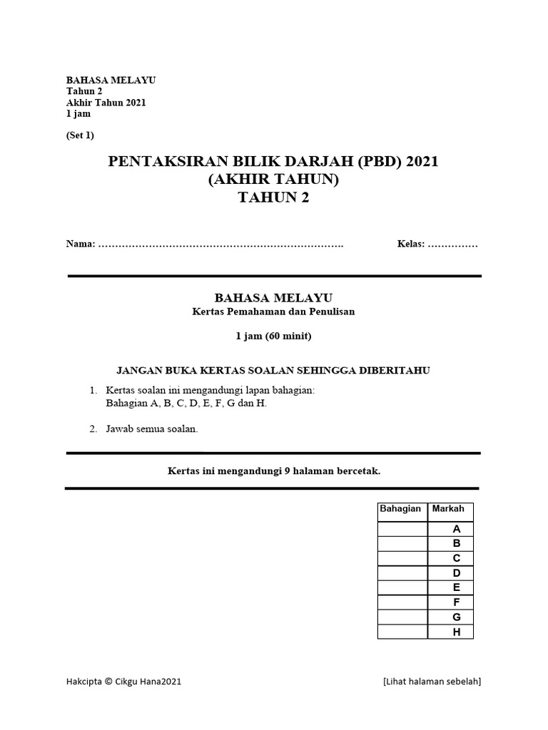 Set 1 Dan Set 2 Kertas PBD Akhir Tahun 2021 Bahasa Melayu Tahun 2 | PDF