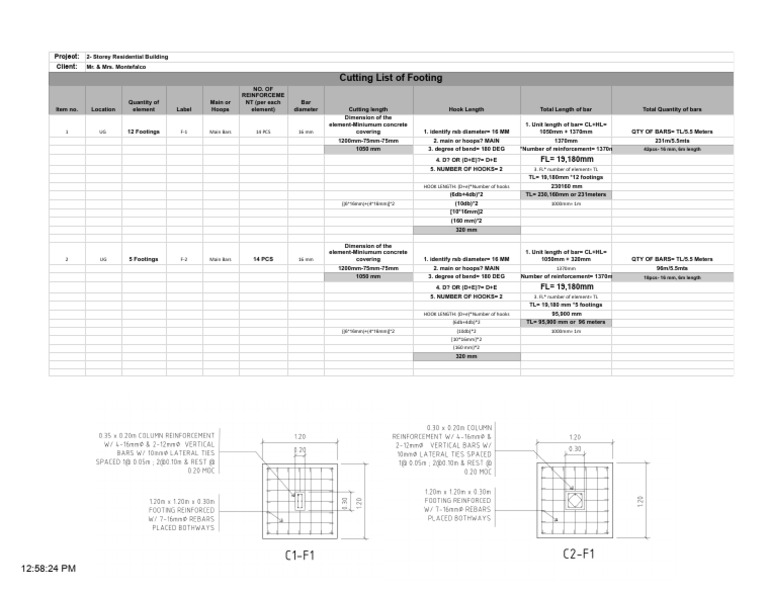 Cutting List of Footing | PDF