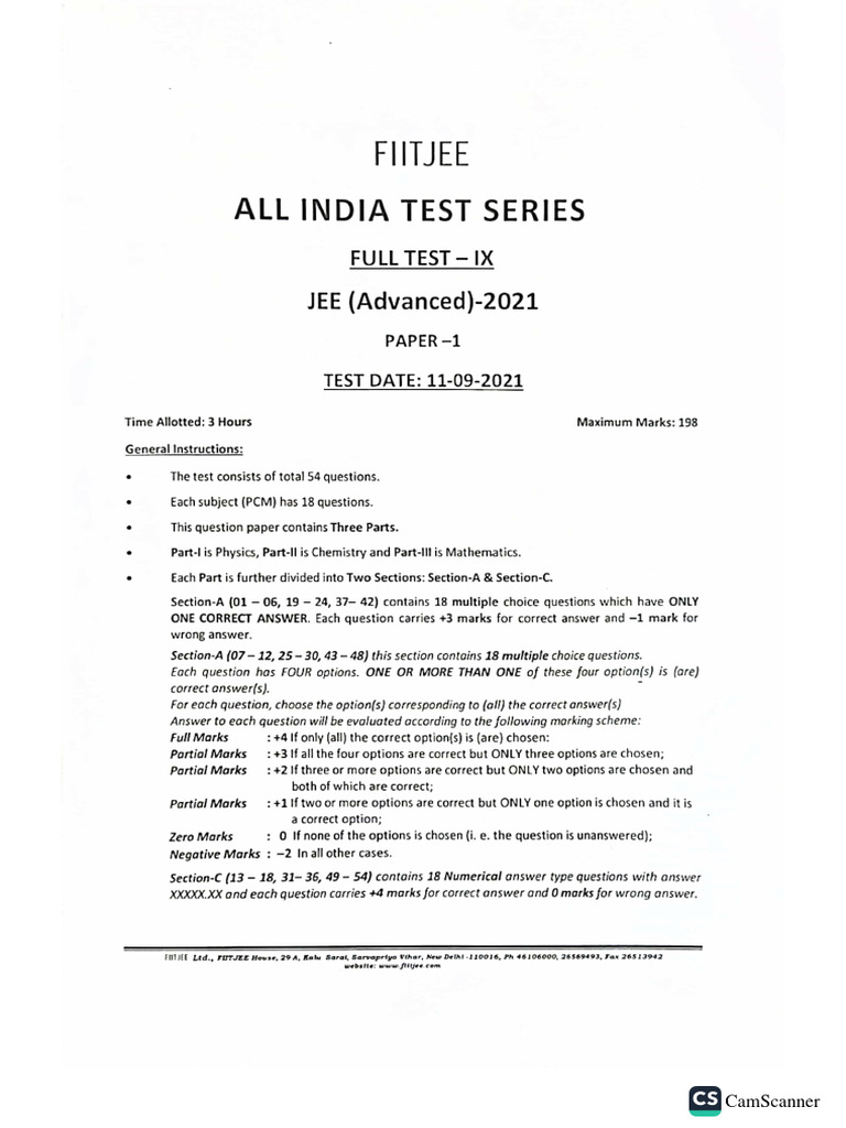 FIITJEE AITS 2021 Paper | PDF