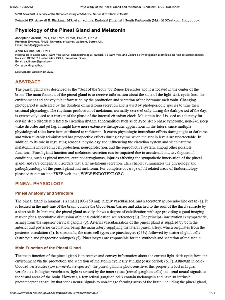 Physiology of The Pineal Gland and Melatonin - Endotext - NCBI ...