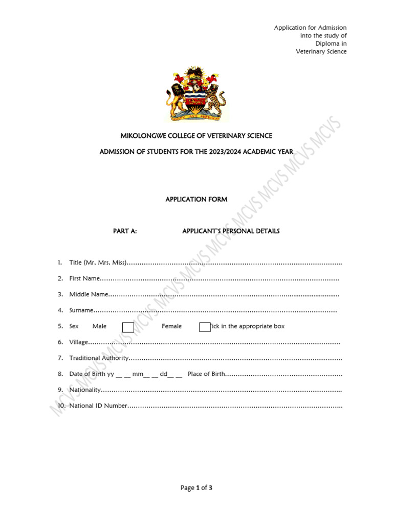MCVS 2023-2024 Intake Application Form | PDF