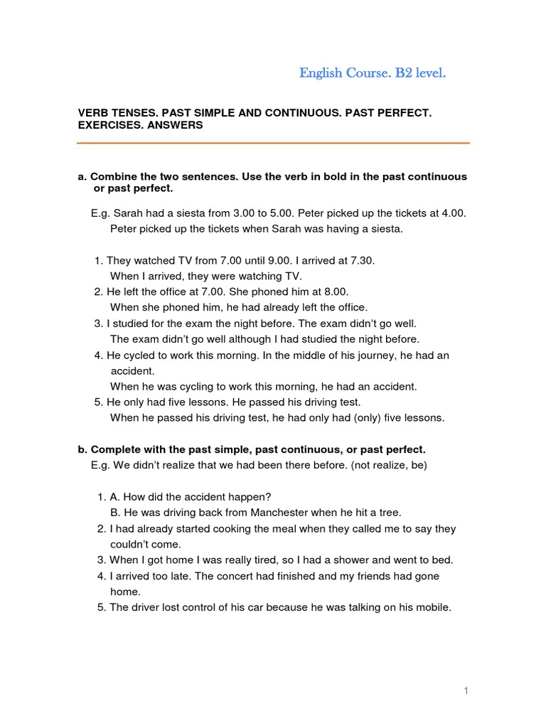 Verb Tenses. Past Simple and Continuous. Past Perfect. Exercises ...