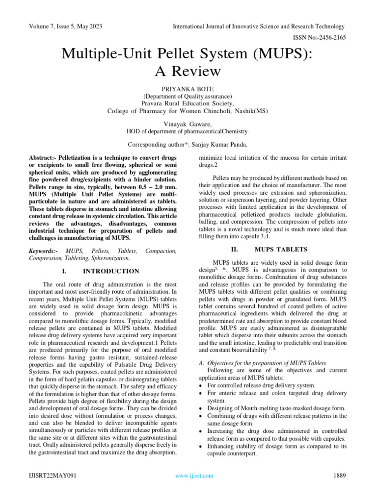 Multiple-Unit Pellet System (MUPS) : A Review | PDF
