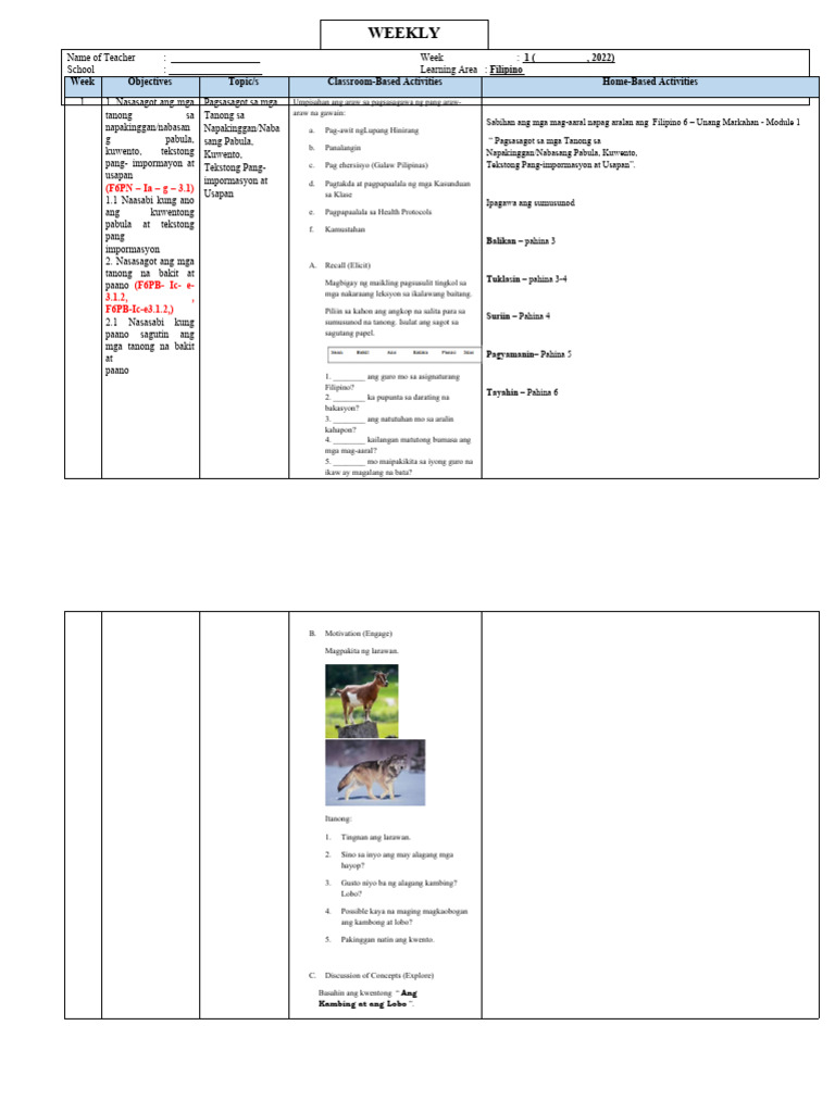 G6 Q1 - WLP WEEK 1 Filipino | PDF