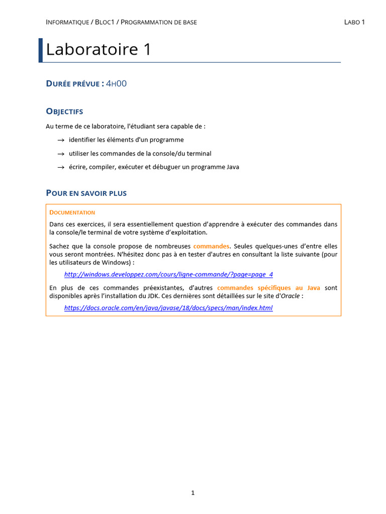 Laboratoire 1 - La Console Et Les Commandes Java | PDF | Méthodes et ...