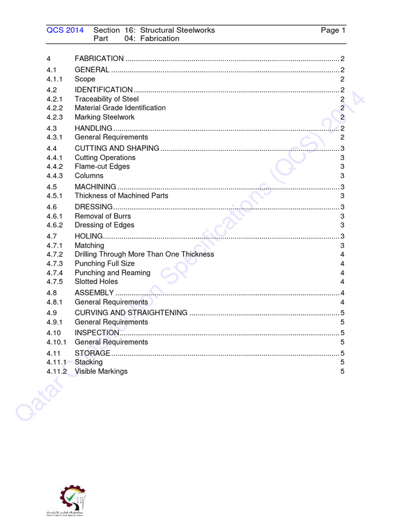Qatar Construction Specifications (QCS) 2014: Section 16: Structural Steelworks 04: Fabrication ...