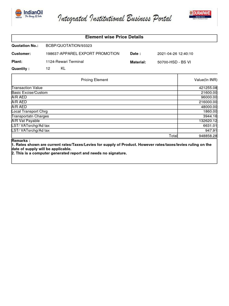 HSD BS VI Price Breakdown 2021 | PDF | Finance & Money Management ...