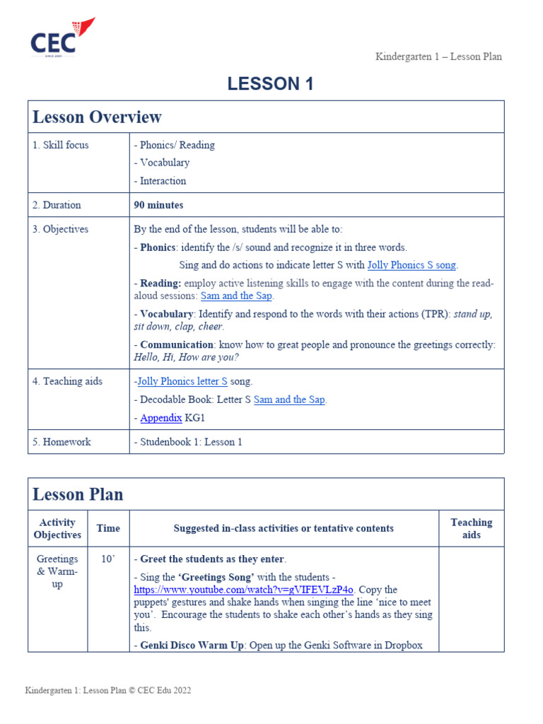 KG1 - Lesson 1 - Lesson Plan (Updated 12.2022) | PDF