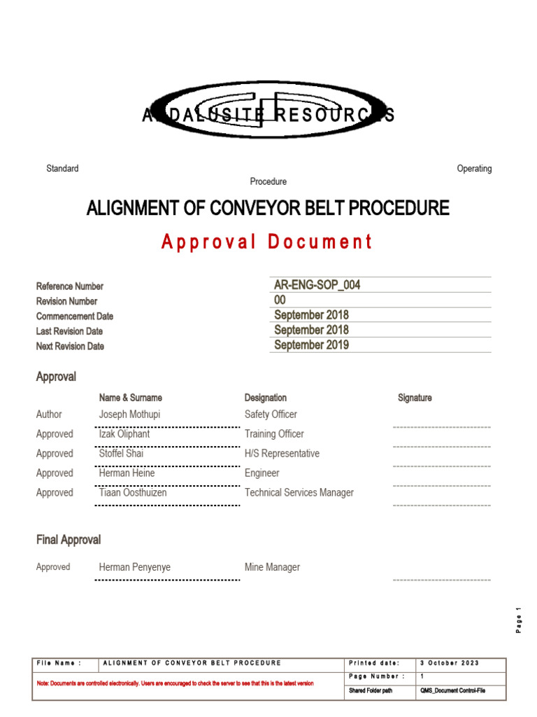 AR-SOP-Alignment of Conveyor Belt Procedure | PDF