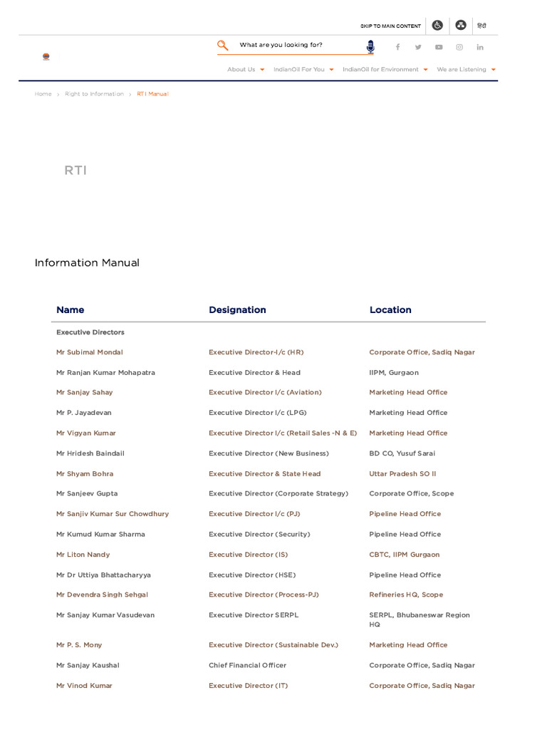 Information Manual - IndianOil Senior Executives List | PDF