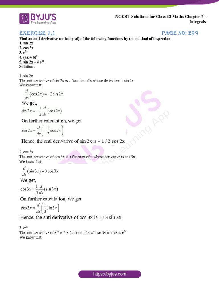 NCERT Solutions For Class 12 Maths Chapter 7 Integrals Exercise 7 1 | PDF | Algebra | Mathematics