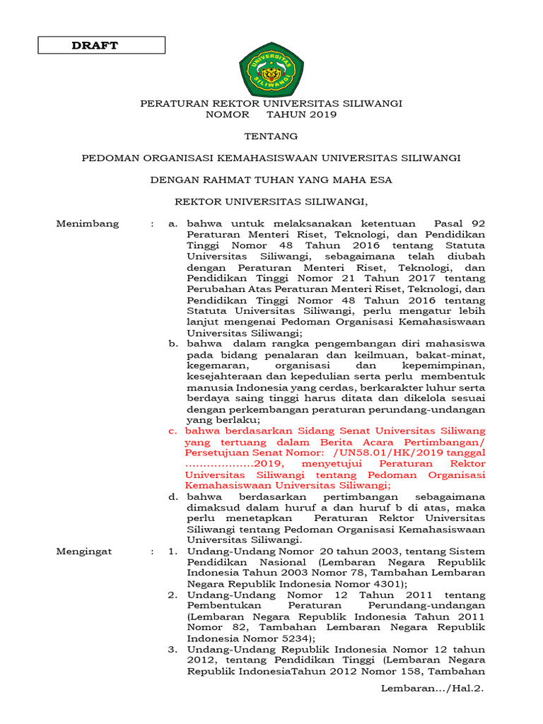 Draft Pedoman Organisasi Kemahasiswaan 2019 | PDF