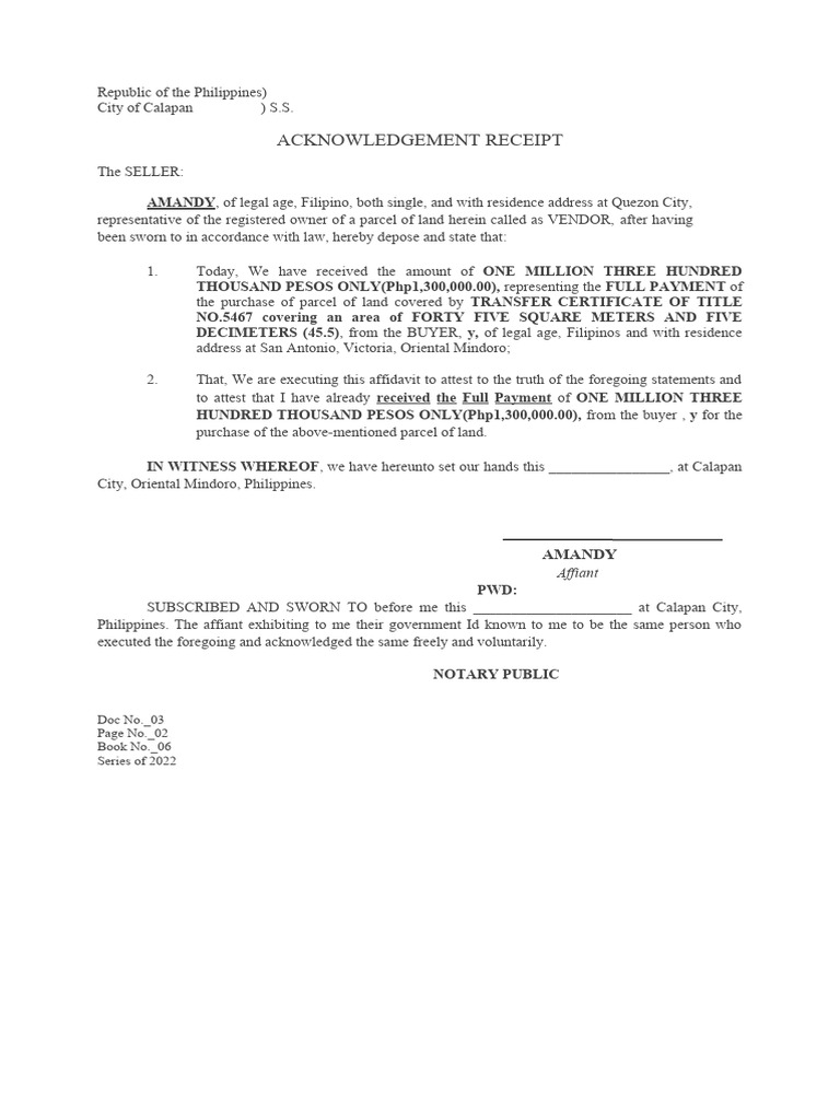 Acknowledgment Receipt - MR Y | PDF