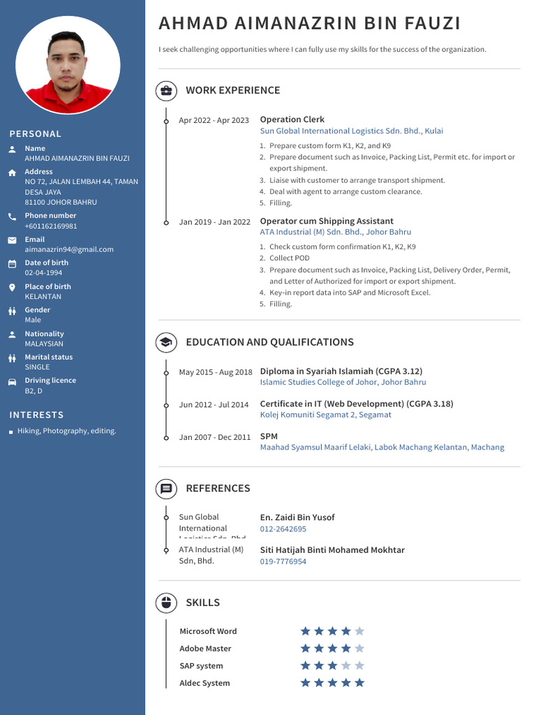 Resume Ahmad Aimanazrin Bin Fauzi | PDF