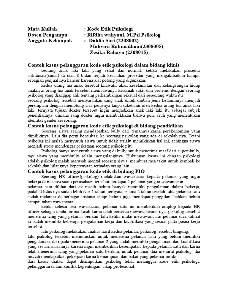Kode Etik. Contoh Kasus Pelanggaran Dalam Bidang Psikologi | PDF