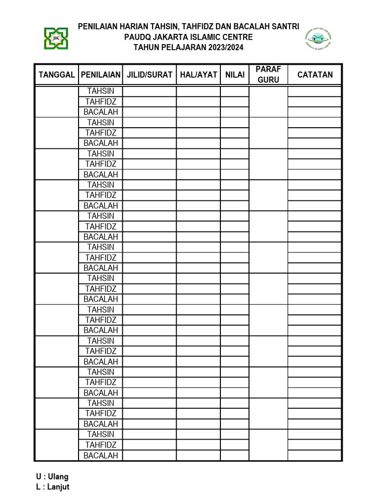 Penilaian Harian Tahsin Table (PAUDQ JIC) | PDF