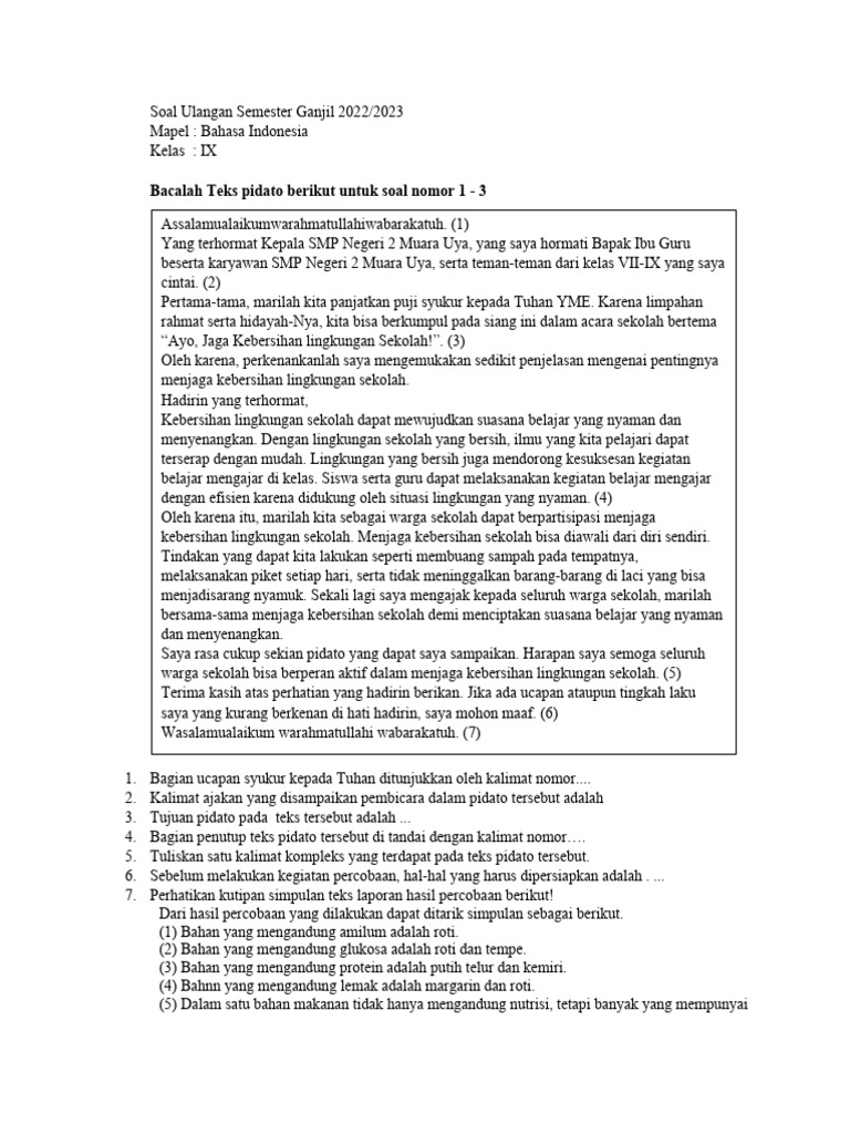 Soal UTS Kls IX Ganjil Bindo 2022-23 | PDF
