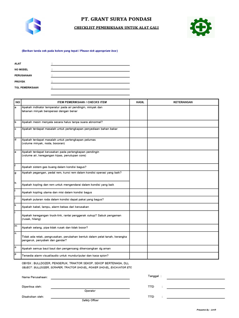 Inspection Checklist For Earth Moving Equipment PDF | PDF