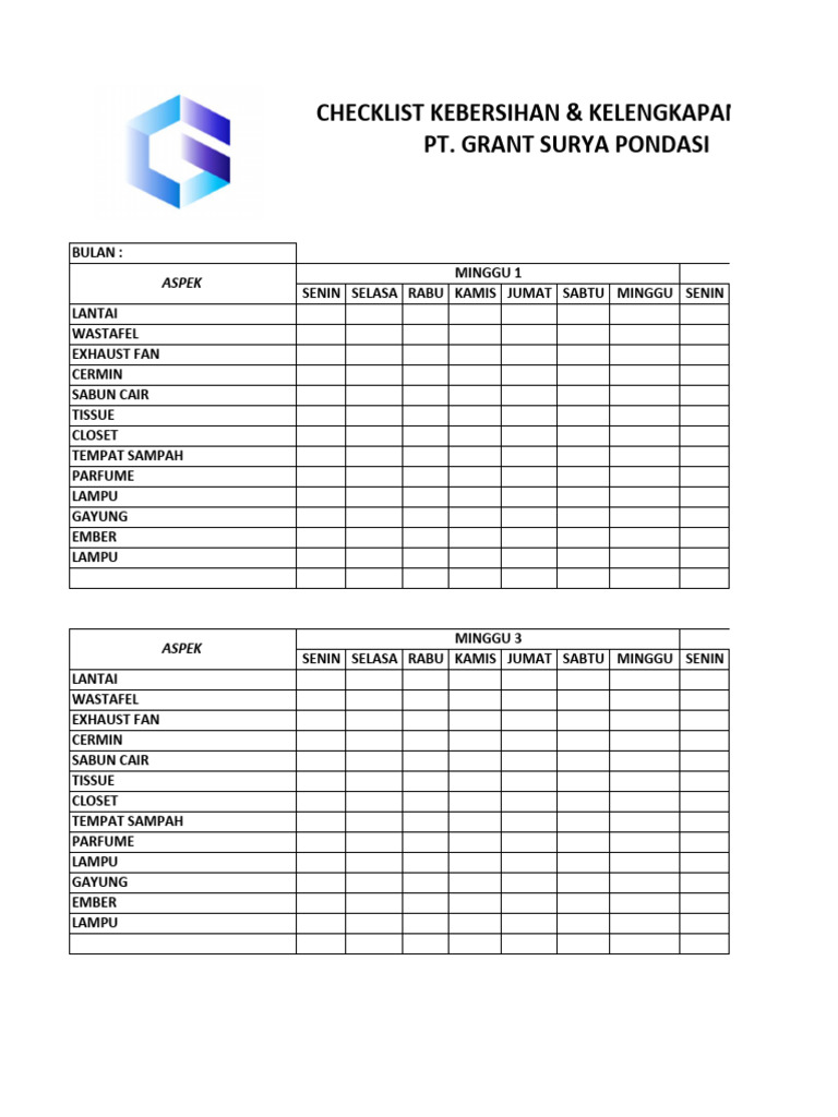 Form Checklist Kebersihan Kamar Mandi & Kelengkapan Toilet | PDF