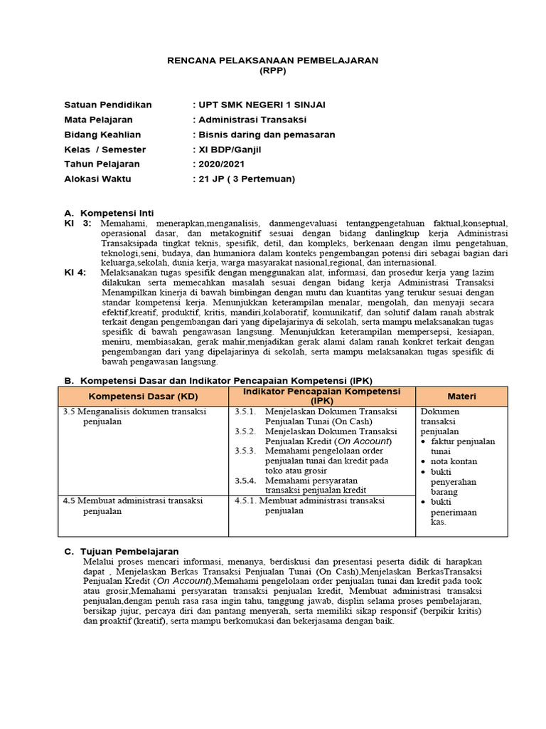 RPP Administrasi Transaksi Kelas Xi BDP | PDF | Karier & Perkembangan | Pengelolaan Keuangan & Uang