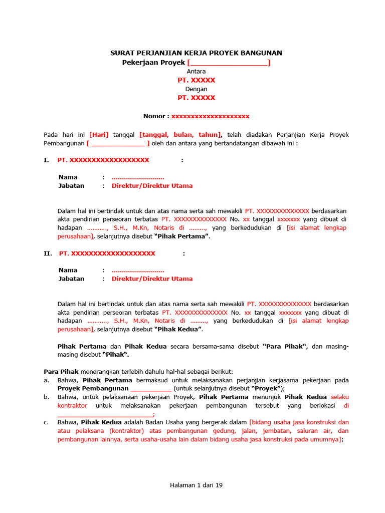 Draft Perjanjian Kerjasama Proyek Bangunan | PDF