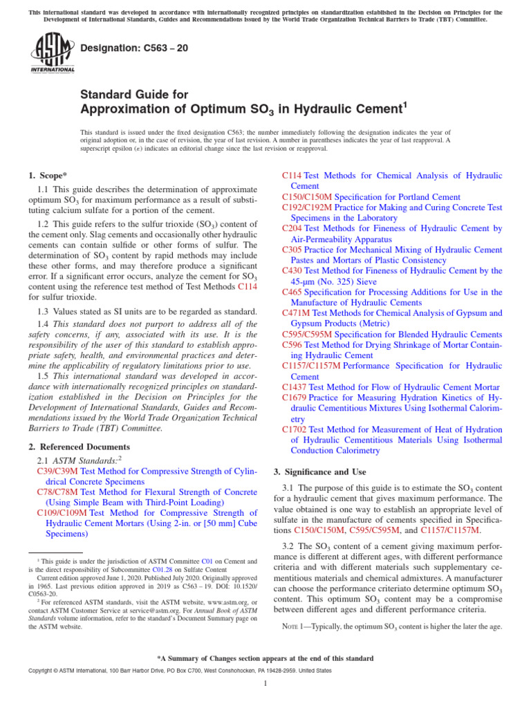 ASTM C563-20 Standard Guide For Approximation of Optimum SO3 in Hydraulic Cement | PDF