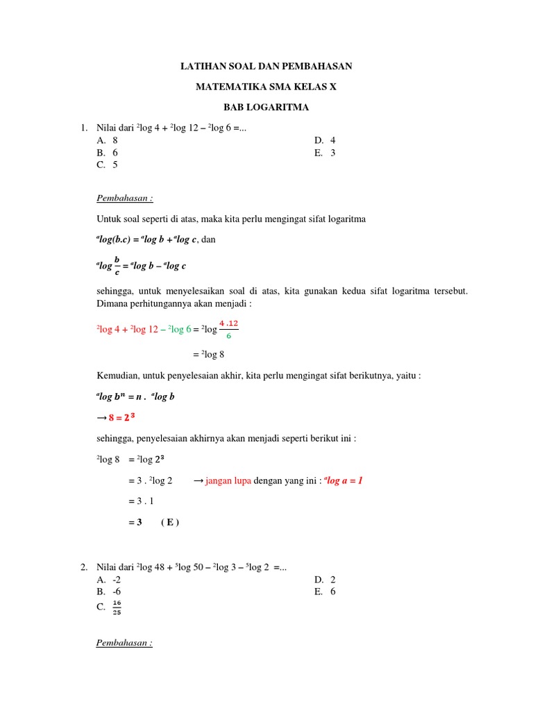 Latihan Soal Dan Pembahasan Logaritma SMA Kelas X | PDF | Sains & Matematika