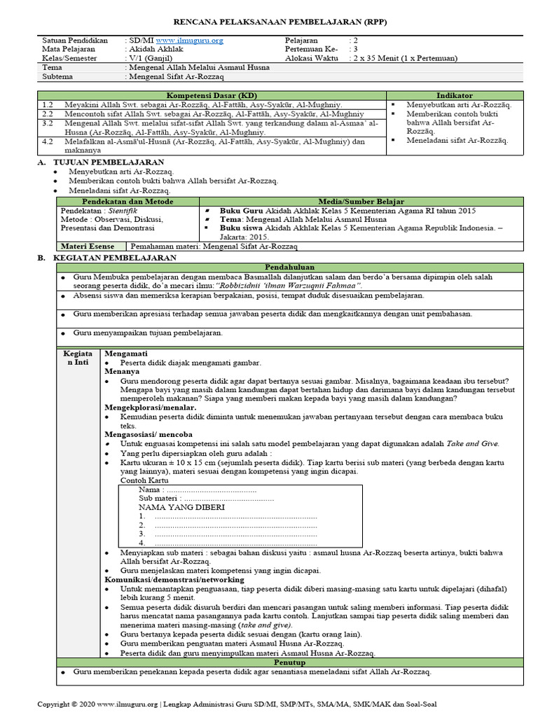 RPP I Akidah Akhlak V | PDF