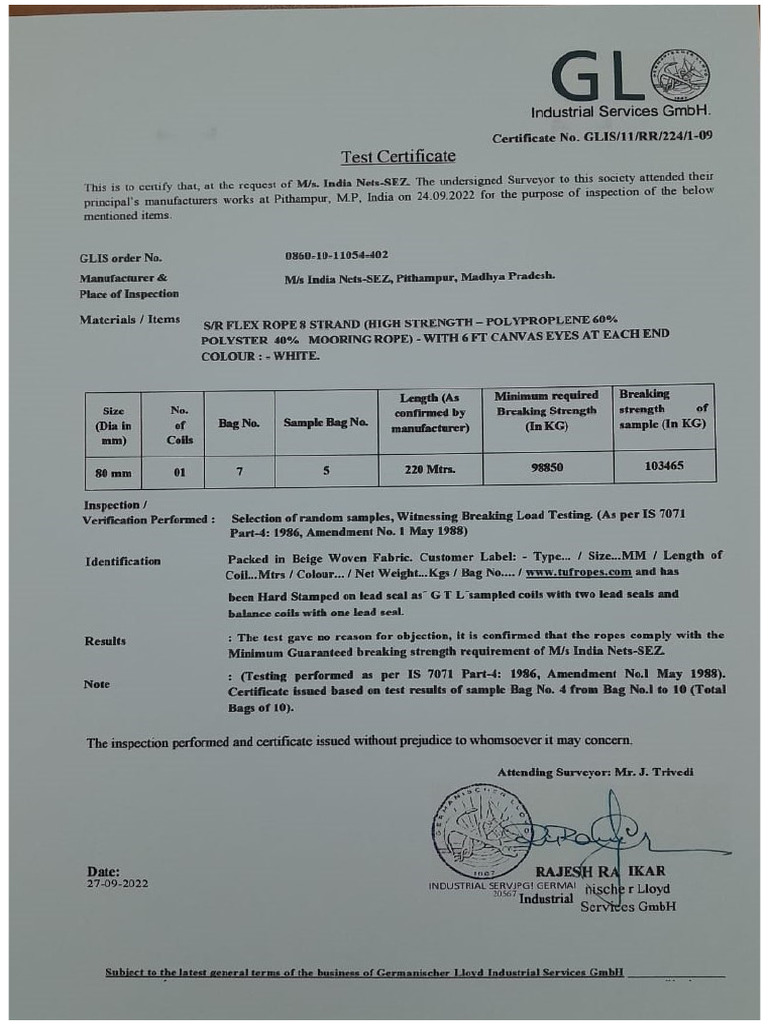 MOORING ROPE 80MM - CERT | PDF