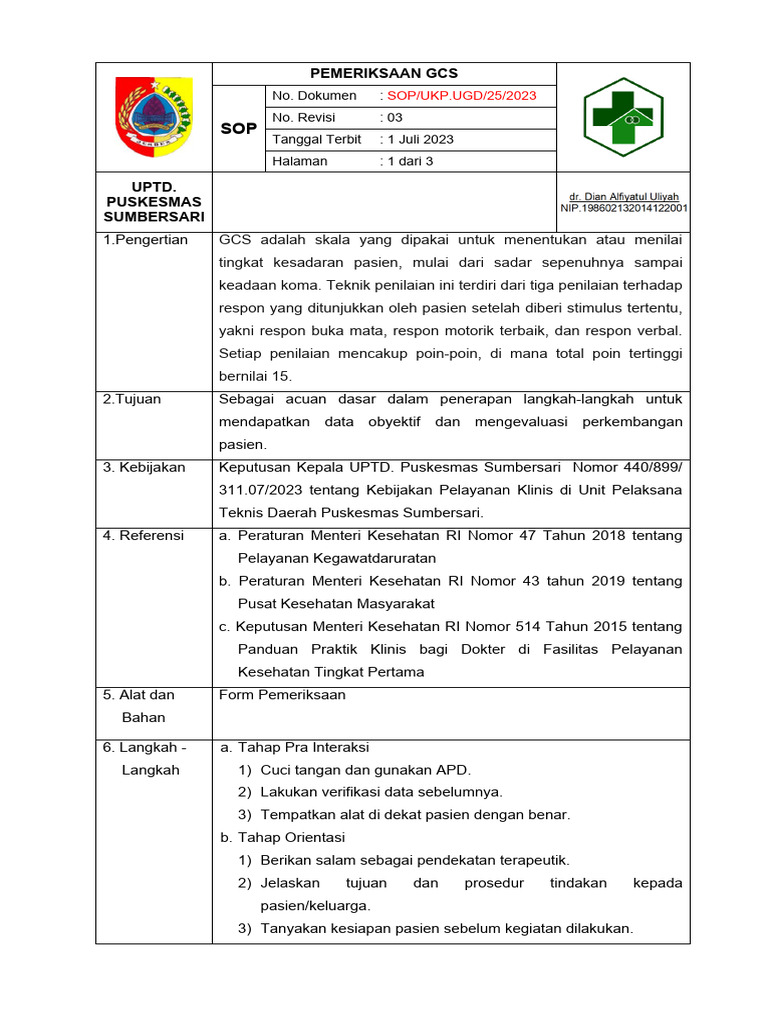 SOP Pemeriksaan GCS | PDF | Sains & Matematika