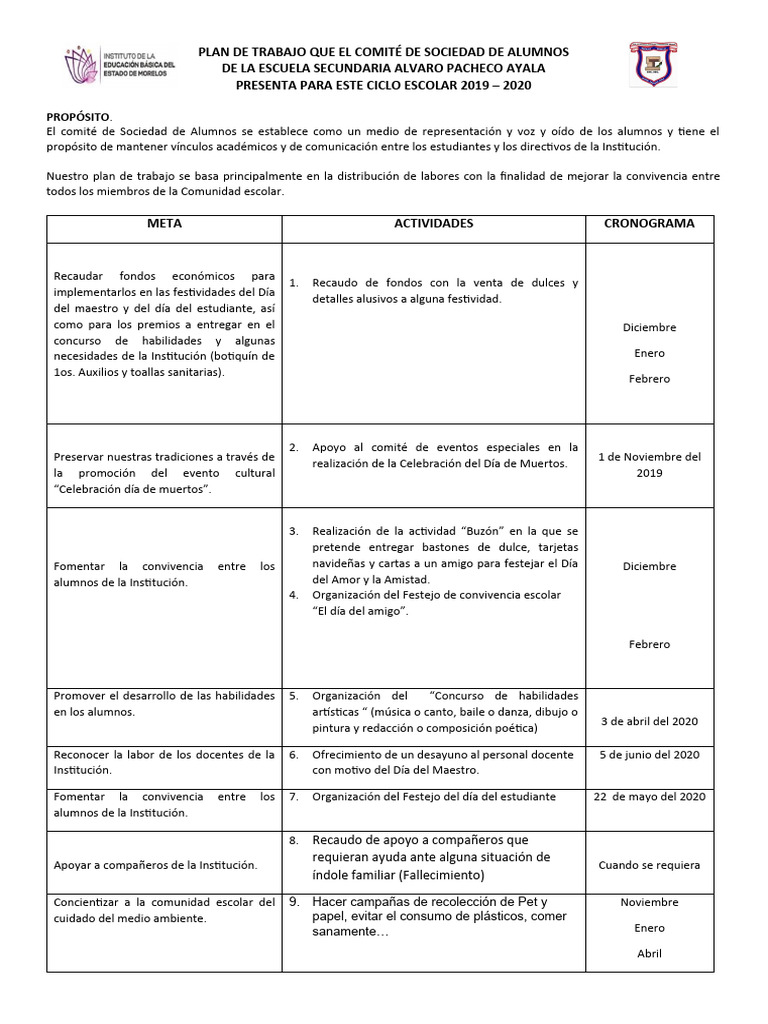 Plan de Trabajo Comité de Alumnos 2019-2020 | PDF