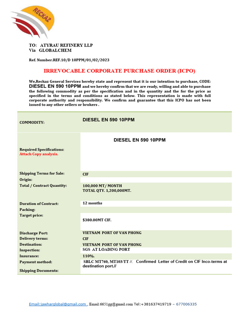 ICPO for Diesel EN 590 10PPM Purchase | PDF | Letter Of Credit | Business
