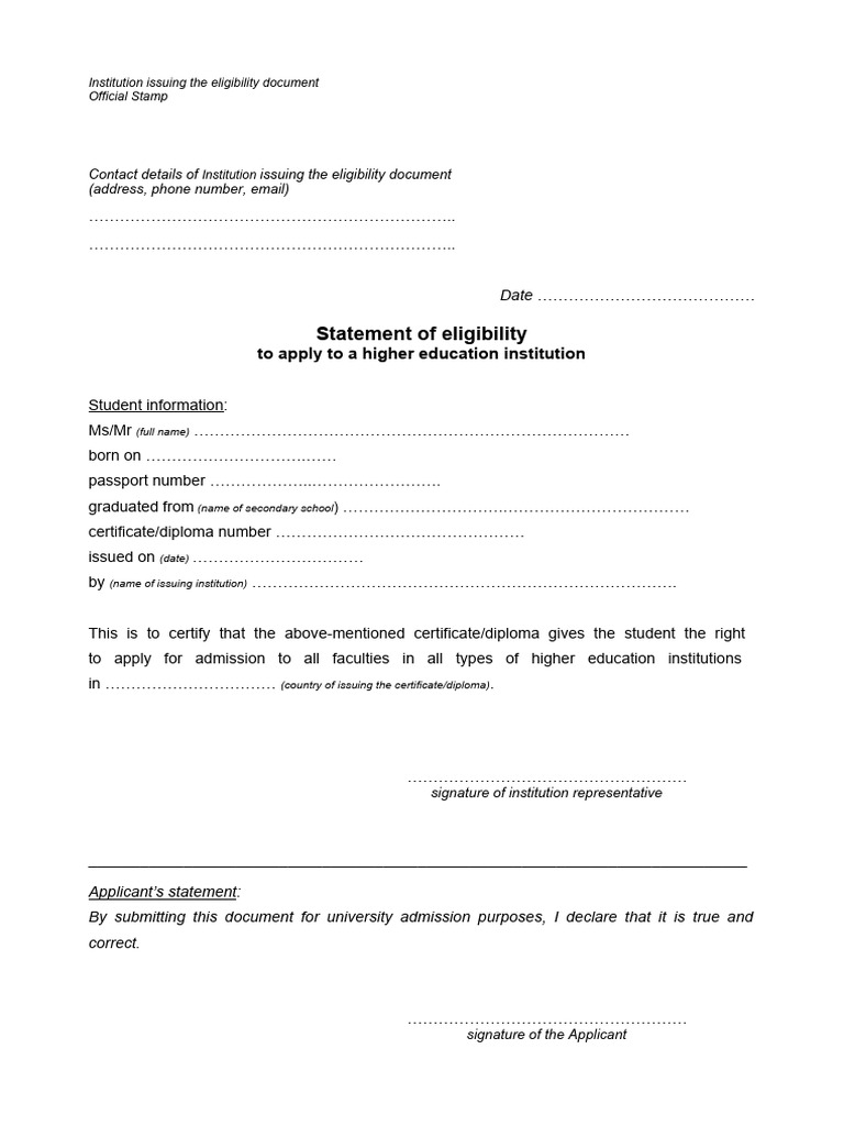 Eligibility Statement - Template 2023-24 | PDF | Career & Growth