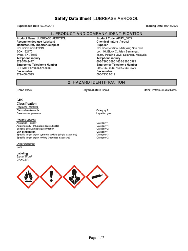 Lubrease Aerosol (SDS en 20200413) | PDF | Toxicity | Physical Sciences