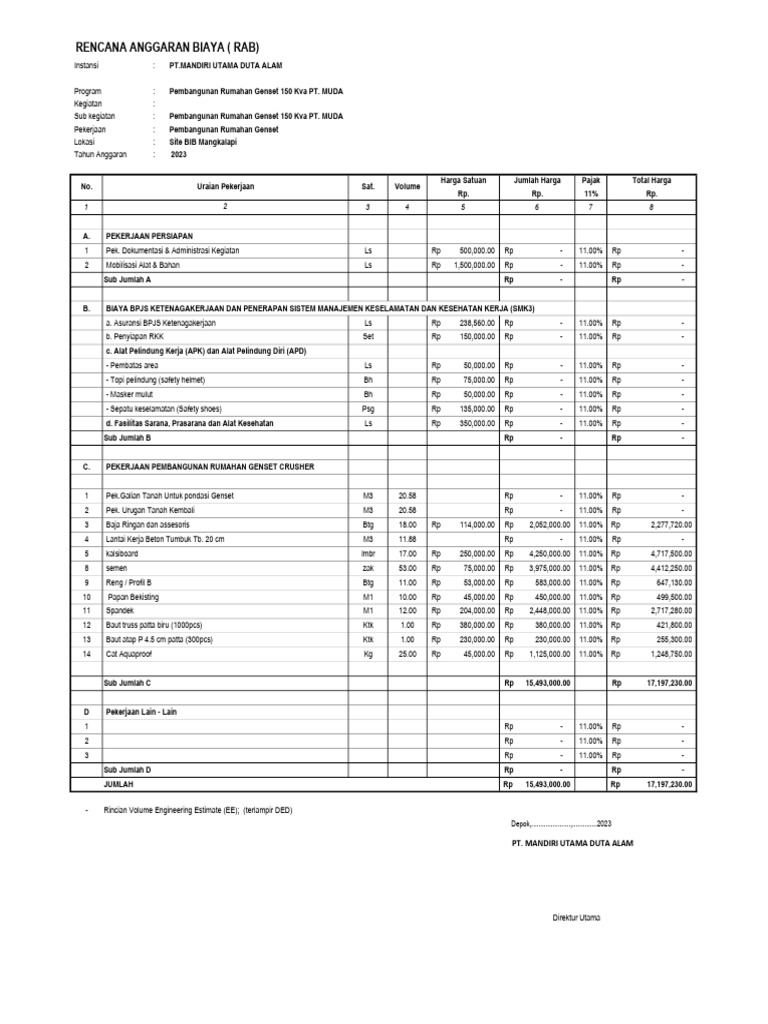 RAB Pembangunan Rumahan Genset 150 Kva | PDF