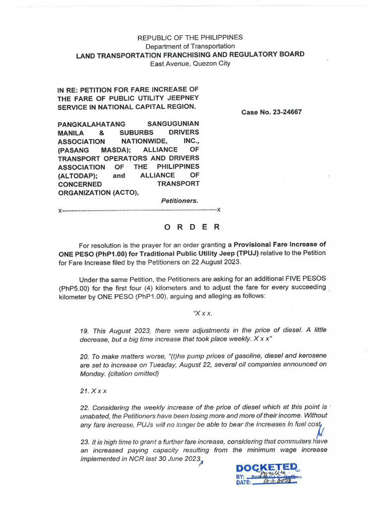 Order Provisional Fare Increase TPUJ | PDF