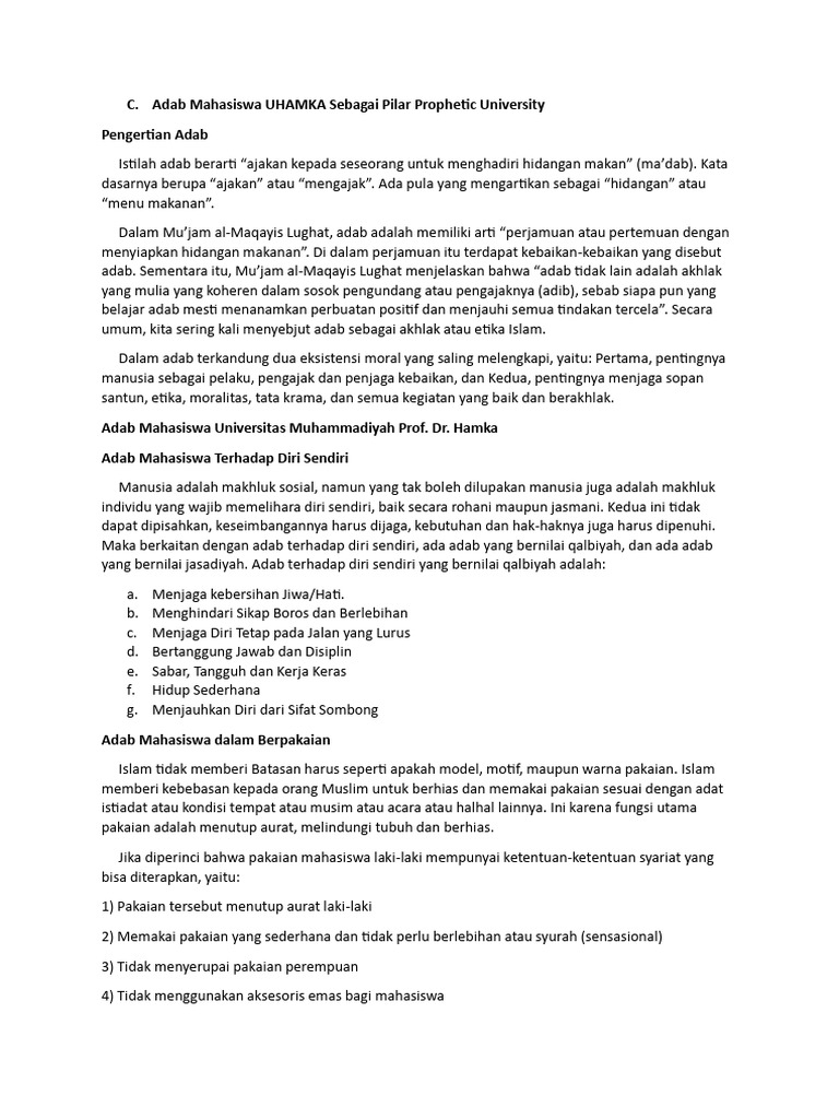 C. Adab Mahasiswa UHAMKA Sebagai Pilar Prophetic University | PDF C. Adab Mahasiswa UHAMKA Sebagai Pilar Prophetic University | PDF